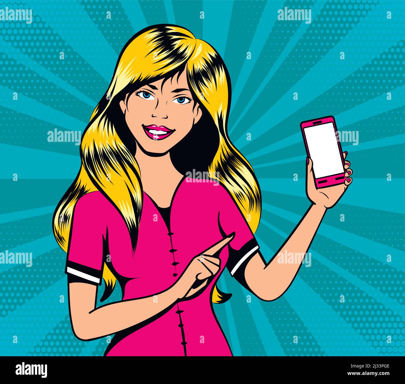 Blond girl with smart phone in pop art retro comic book style, vector ...