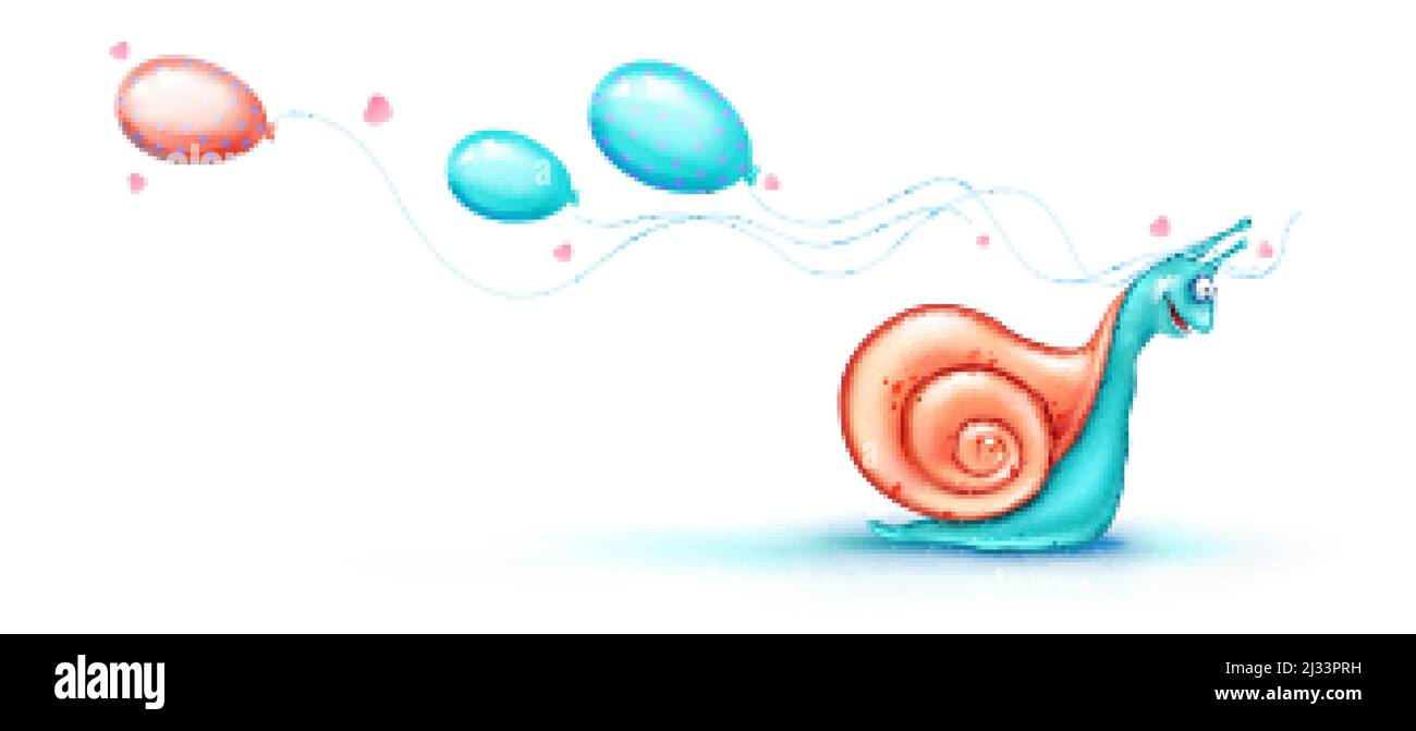 Cute snail crawls with balloons. Happy slug clipart for greeting card ...