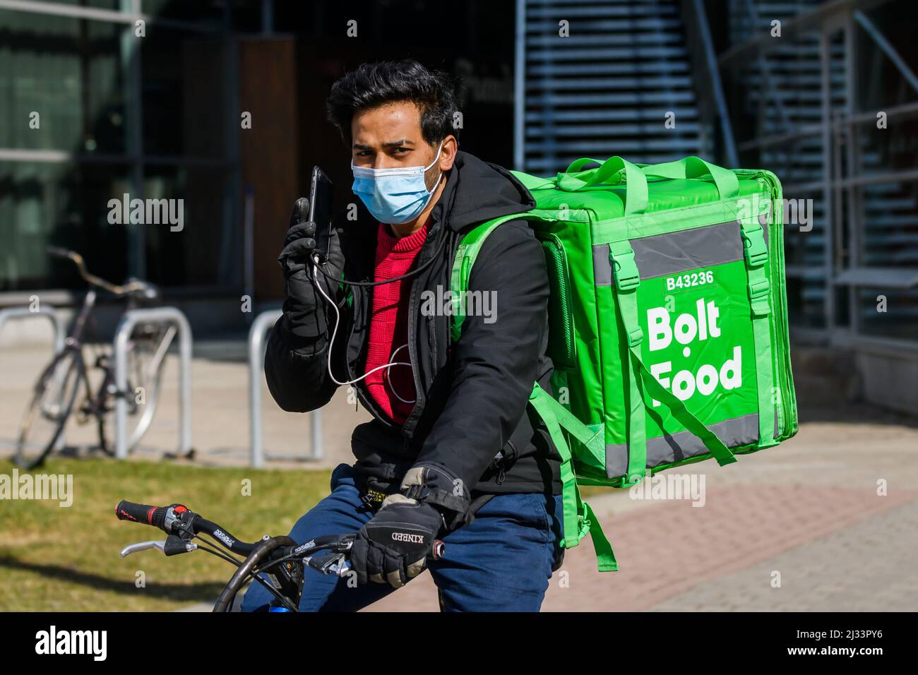 RIGA, LATVIA. 31st March 2022. Selective focus photo. Bolt Food company ...