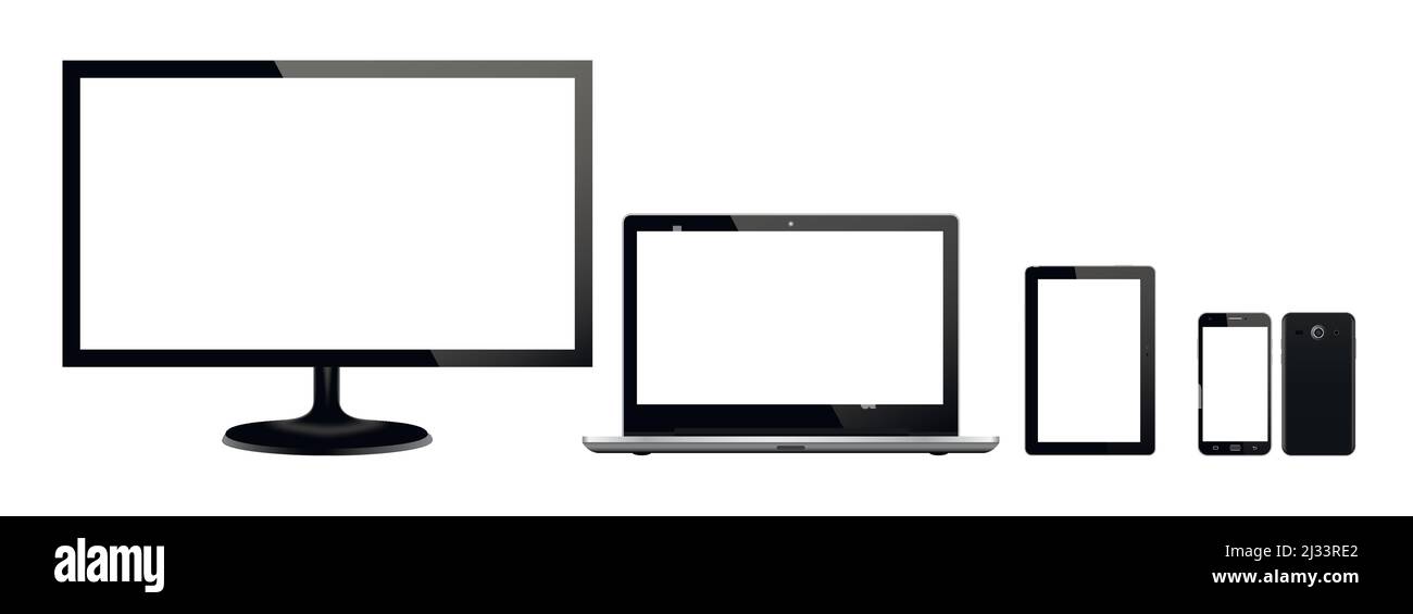 Set of black gadgets and computer devices in front side on white ...