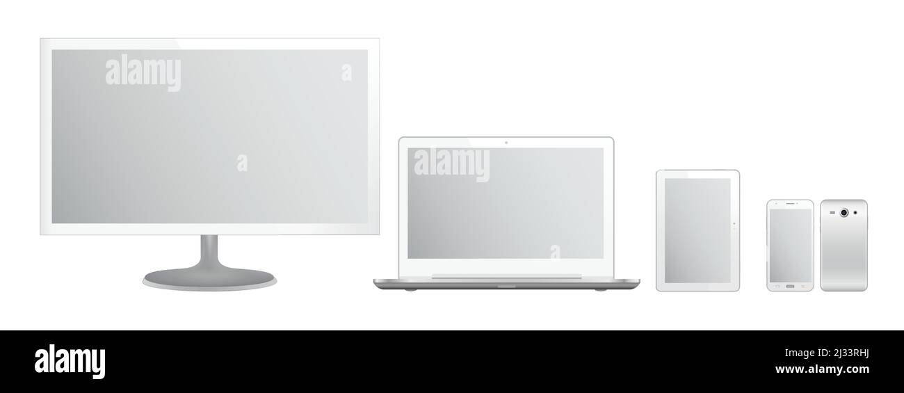 Set of white gadgets and computer devices in front side on white ...