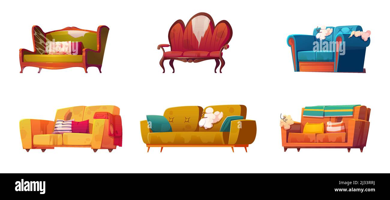 Old dirty couches with torn upholstery and sticking springs. Vector ...