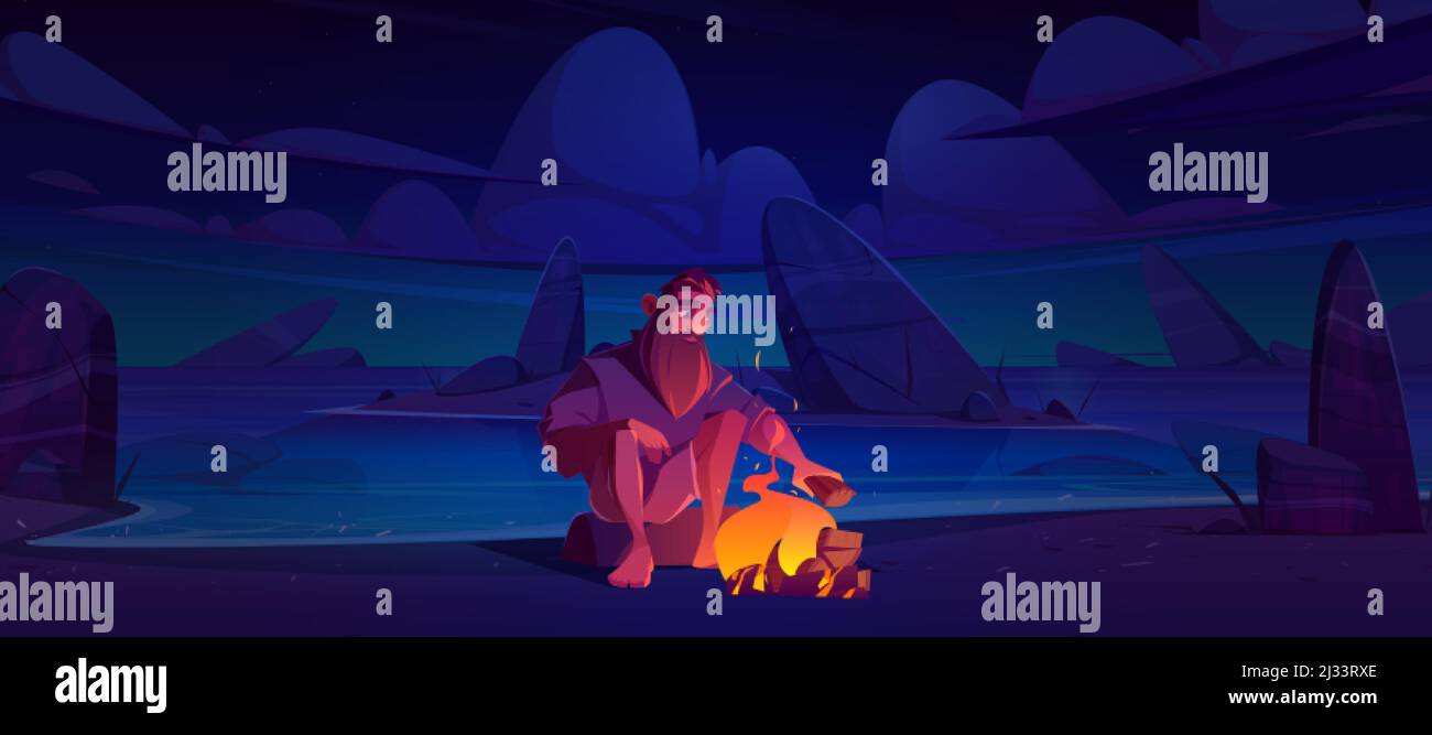 Alone castaway man on uninhabited island with bonfire at night. Vector ...