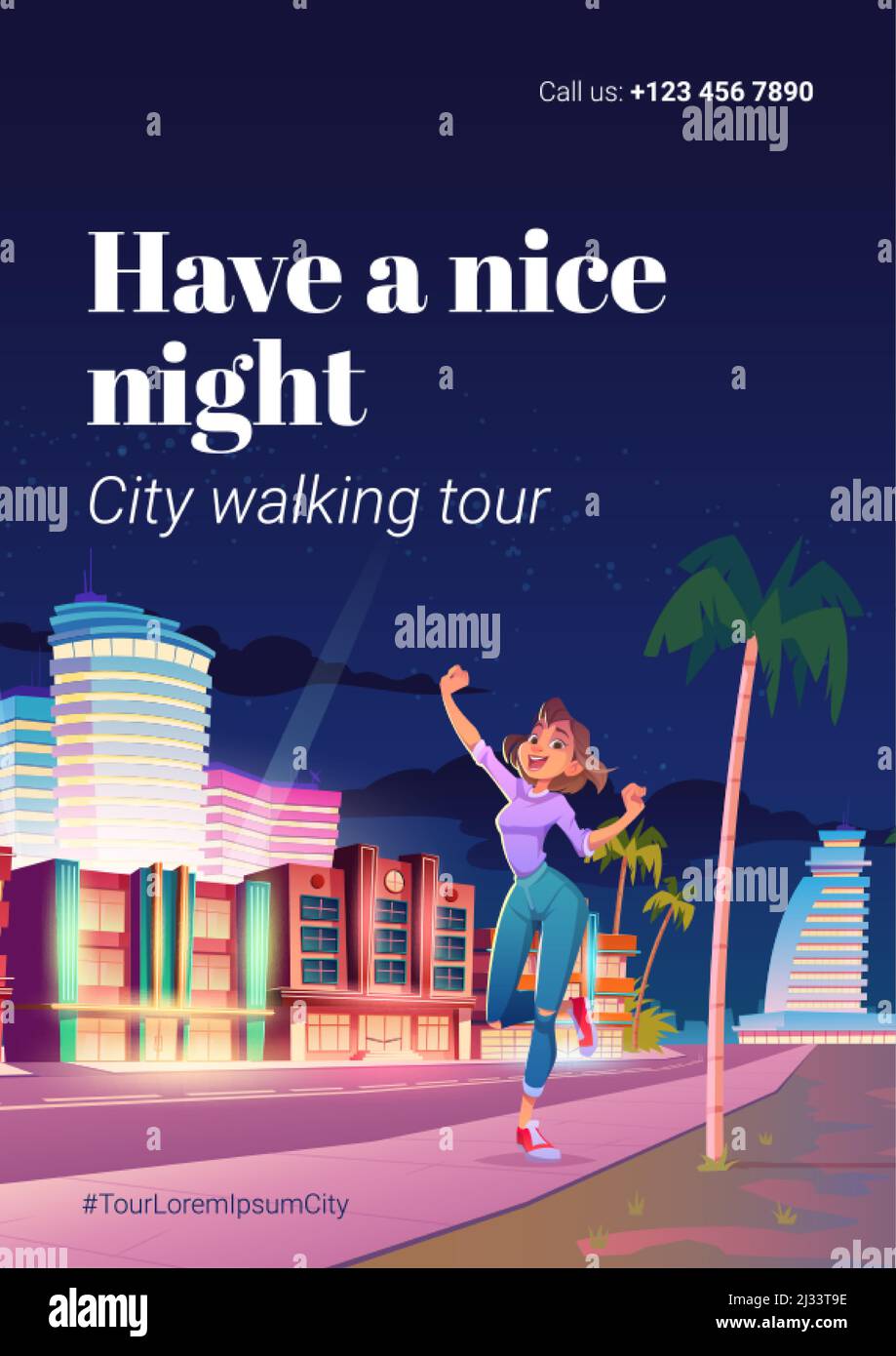 City walking tour poster. Travel concept, vacation with night walks ...
