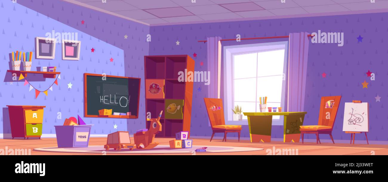 Kindergarten room, daycare center with toys, chalkboard, table and ...