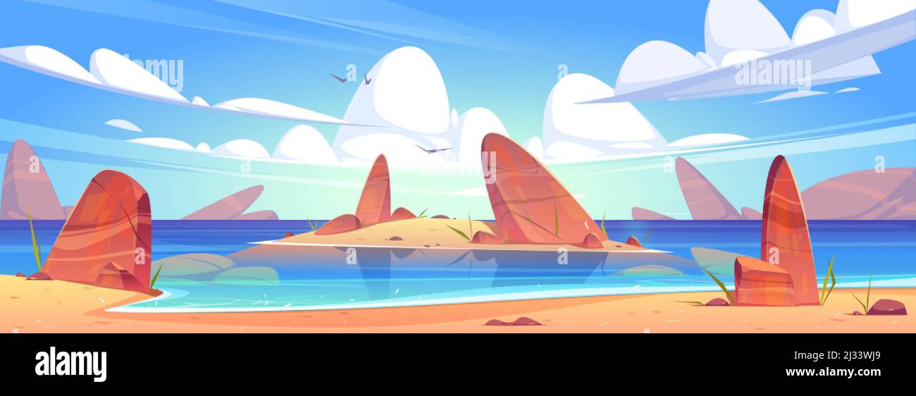 Sea sand beach, ocean coast with stones and island in water. Vector ...
