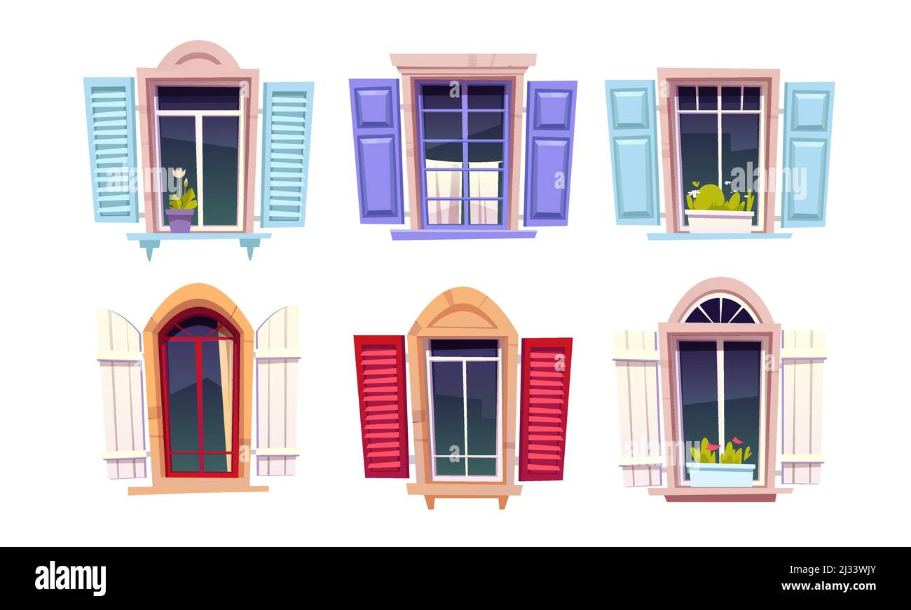 Wooden windows with open shutters in mediterranean style isolated on ...