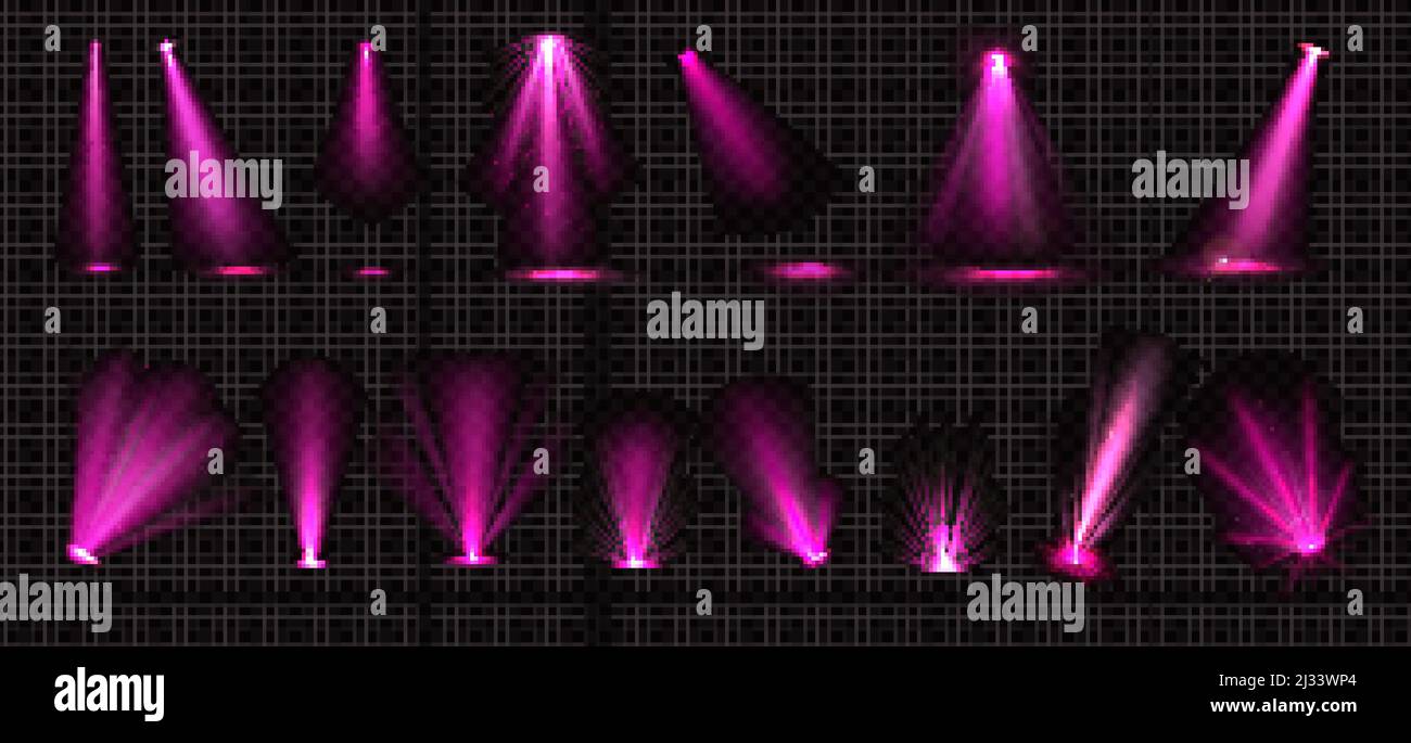 Pink light beams from spotlights and floor projectors isolated on ...