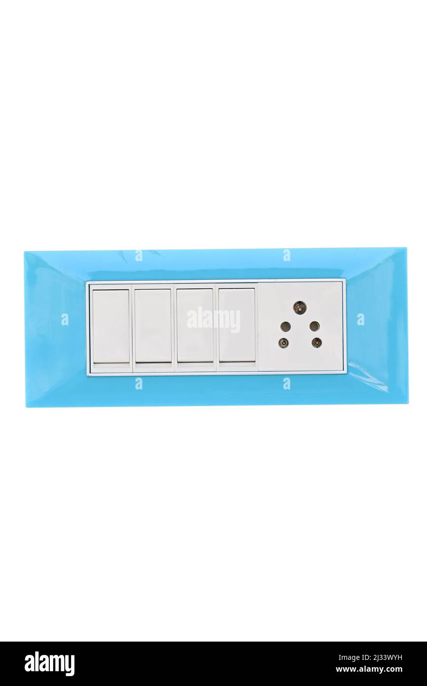closeup the electricity switch with port and sky blue plate isolated on ...