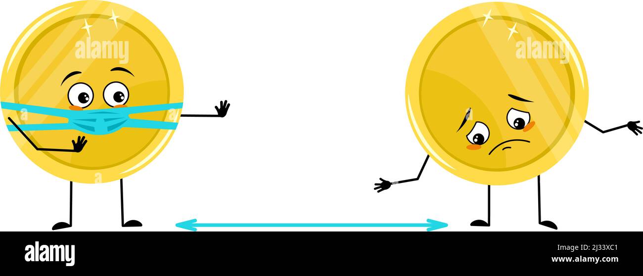 Cute golden coin character with sad emotions, face and mask keep ...