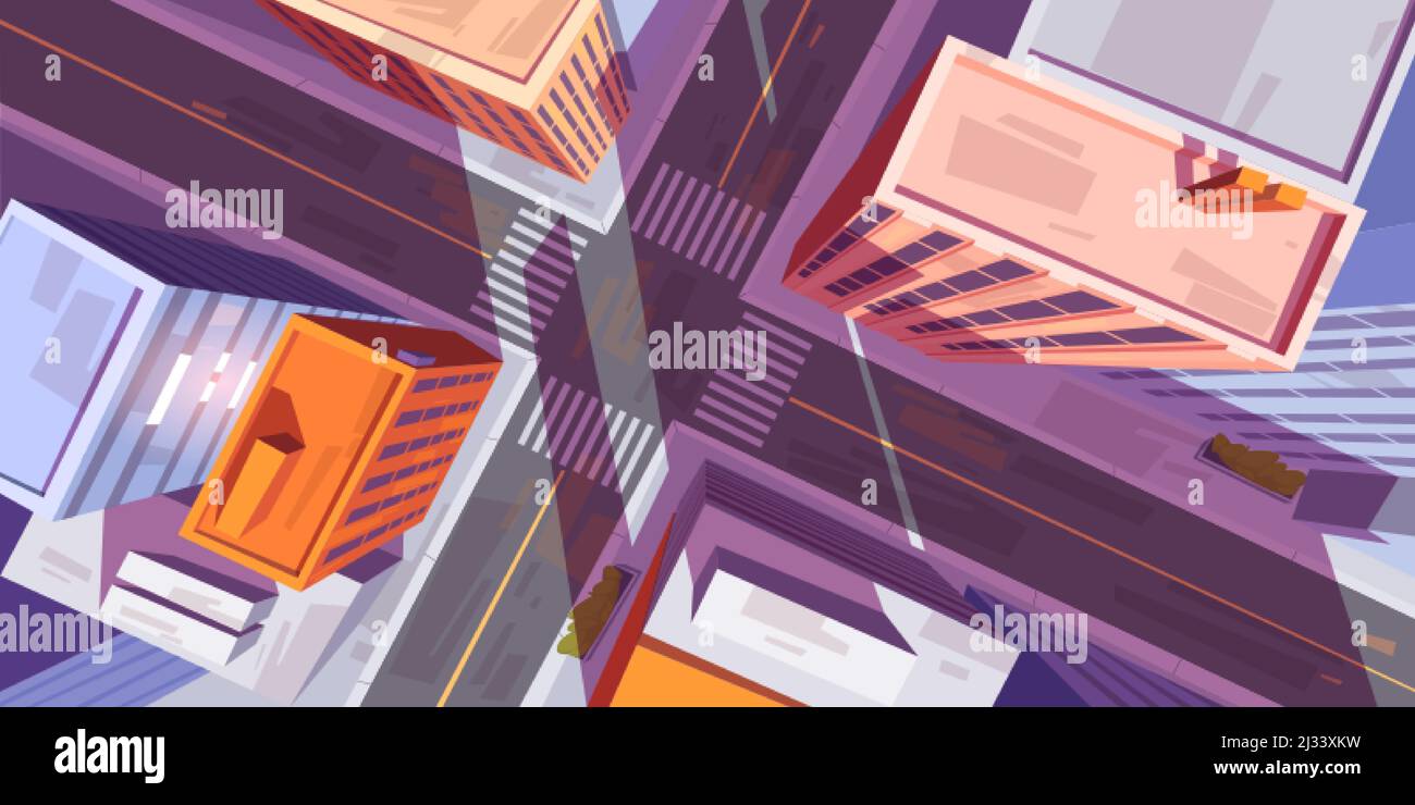 City top view with buildings and car road intersection with pedestrian ...