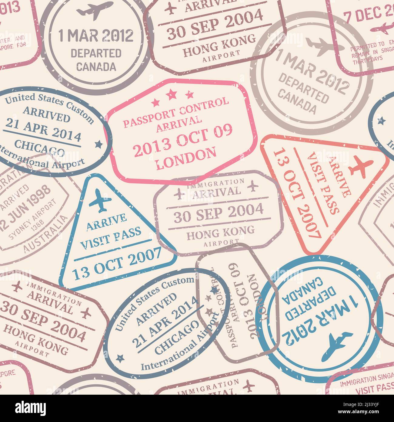 Seamless pattern of assortment of cachets and hand stamps of control ...