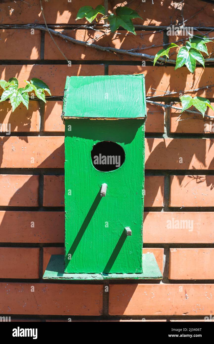 green bird house on terrace brick wall Stock Photo - Alamy