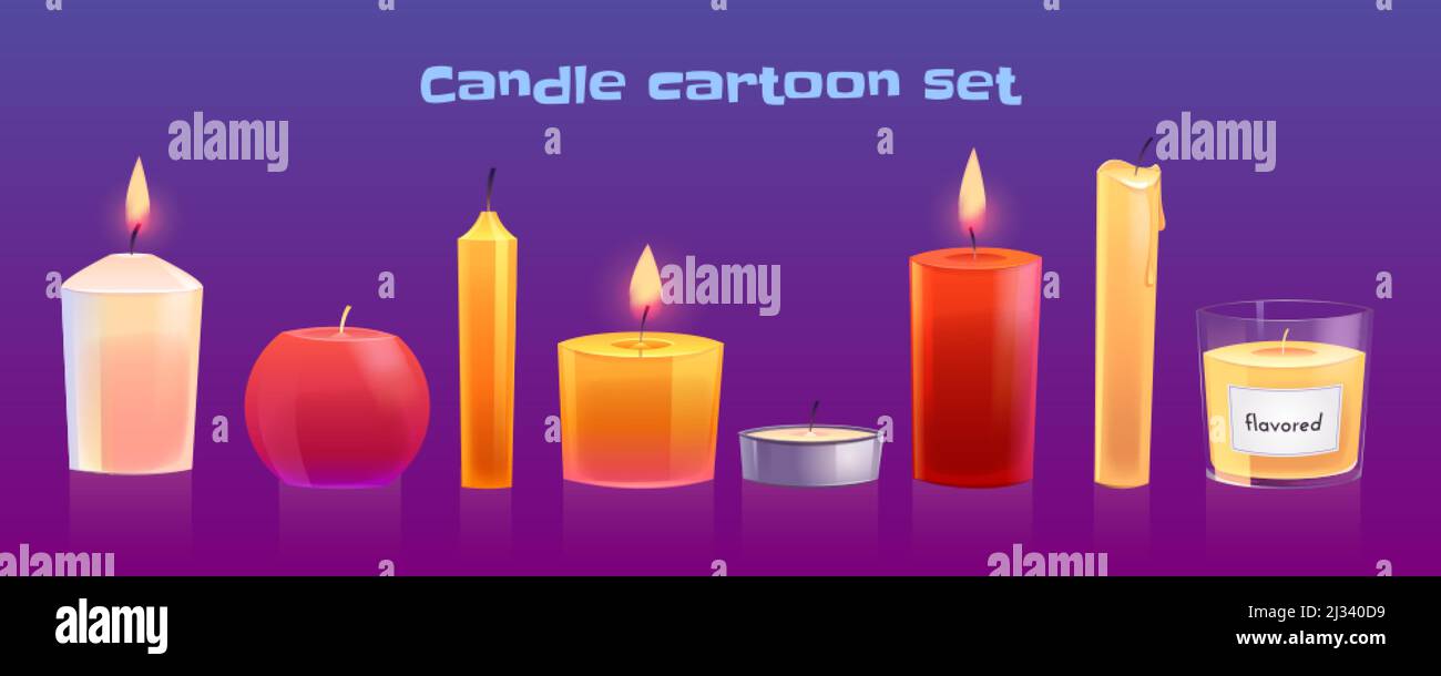 Set of cartoon candles of different shapes, extinct and burning lights ...