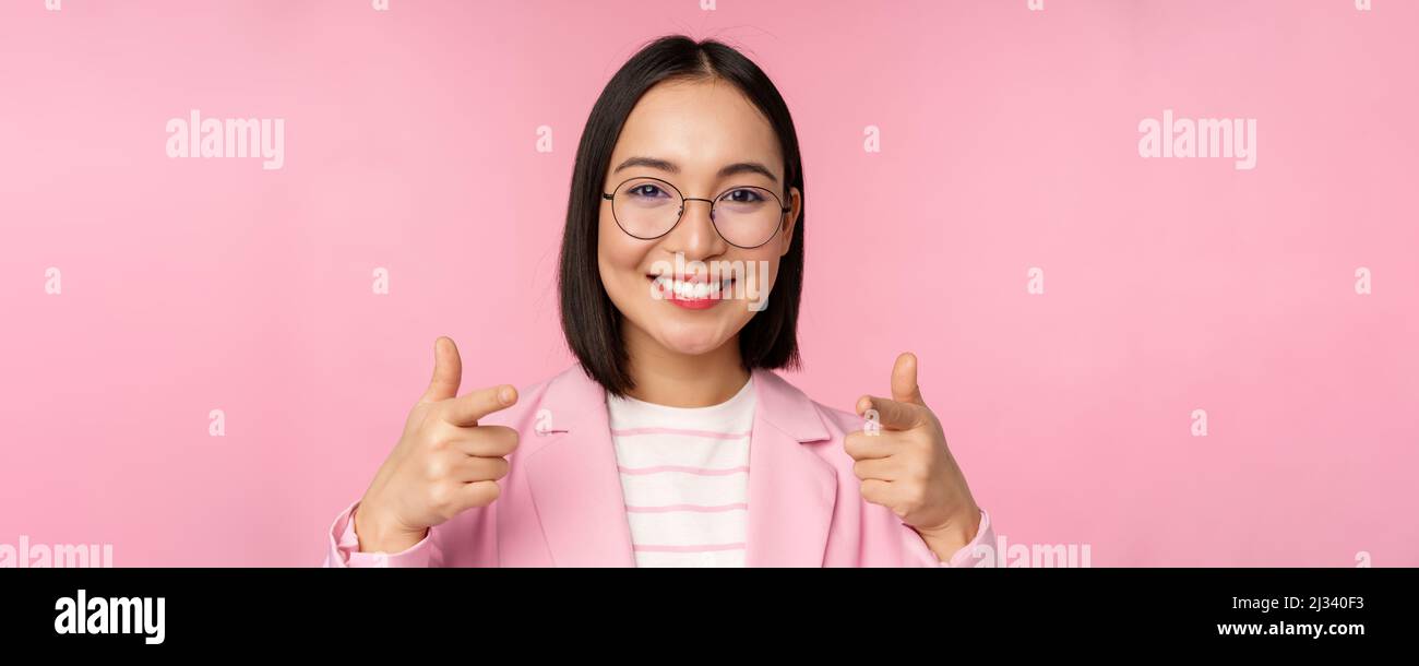 Its you, congratulations. Smiling asian corporate woman, ceo manager in ...