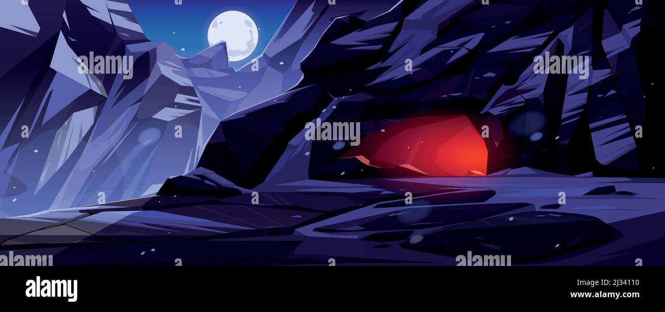 Mountains with entrance to cave lit from within at night. Vector ...