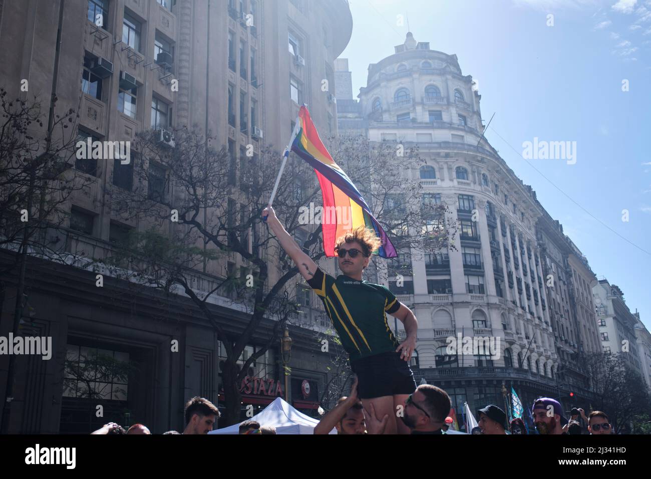 Buenos Aires, Argentina; Nov 6, 2021: LGBT Pride Parade. Group of young ...