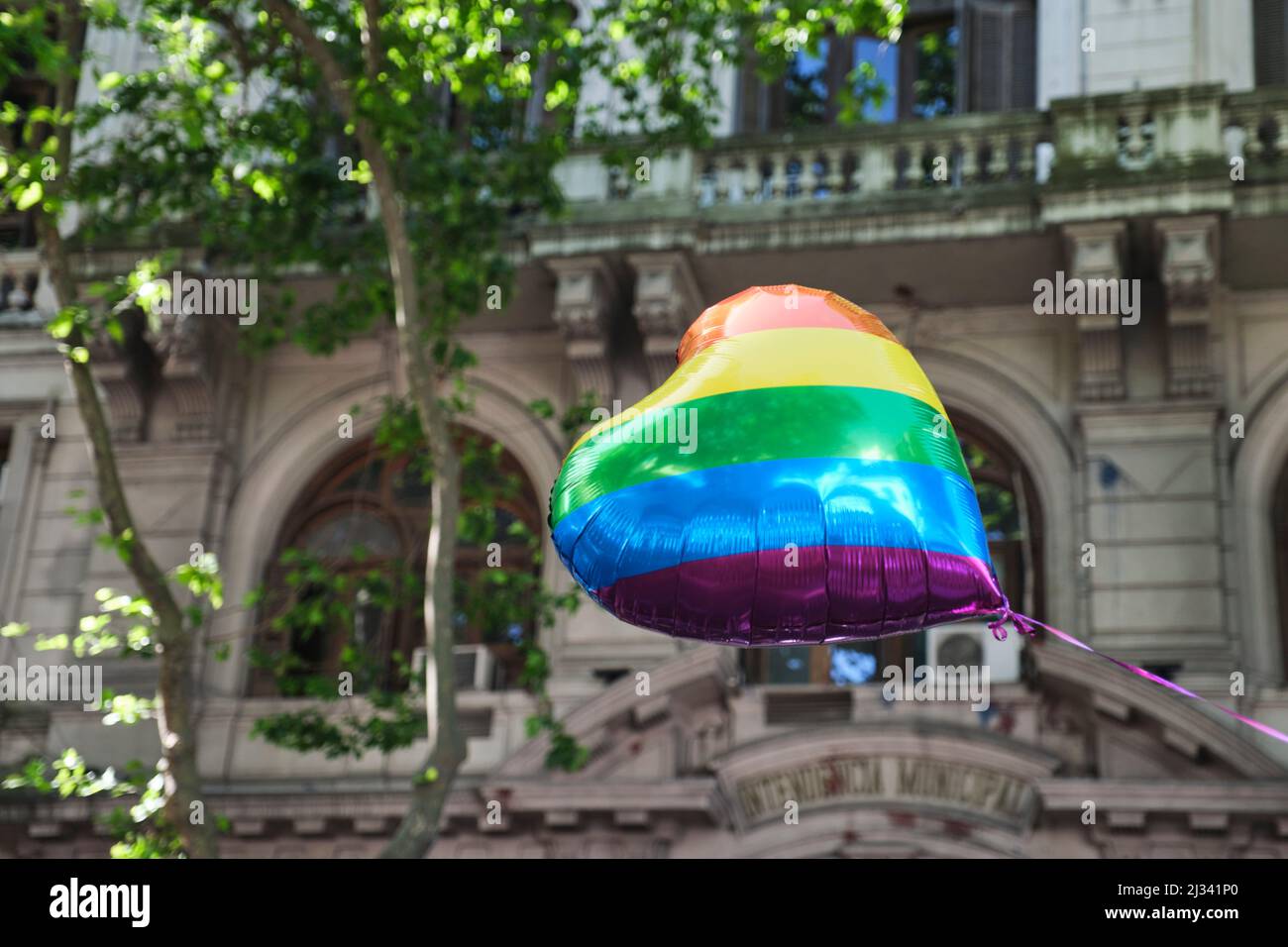 Buenos Aires, Argentina; Nov 6, 2021: LGBT Pride Parade. Heart shaped ...