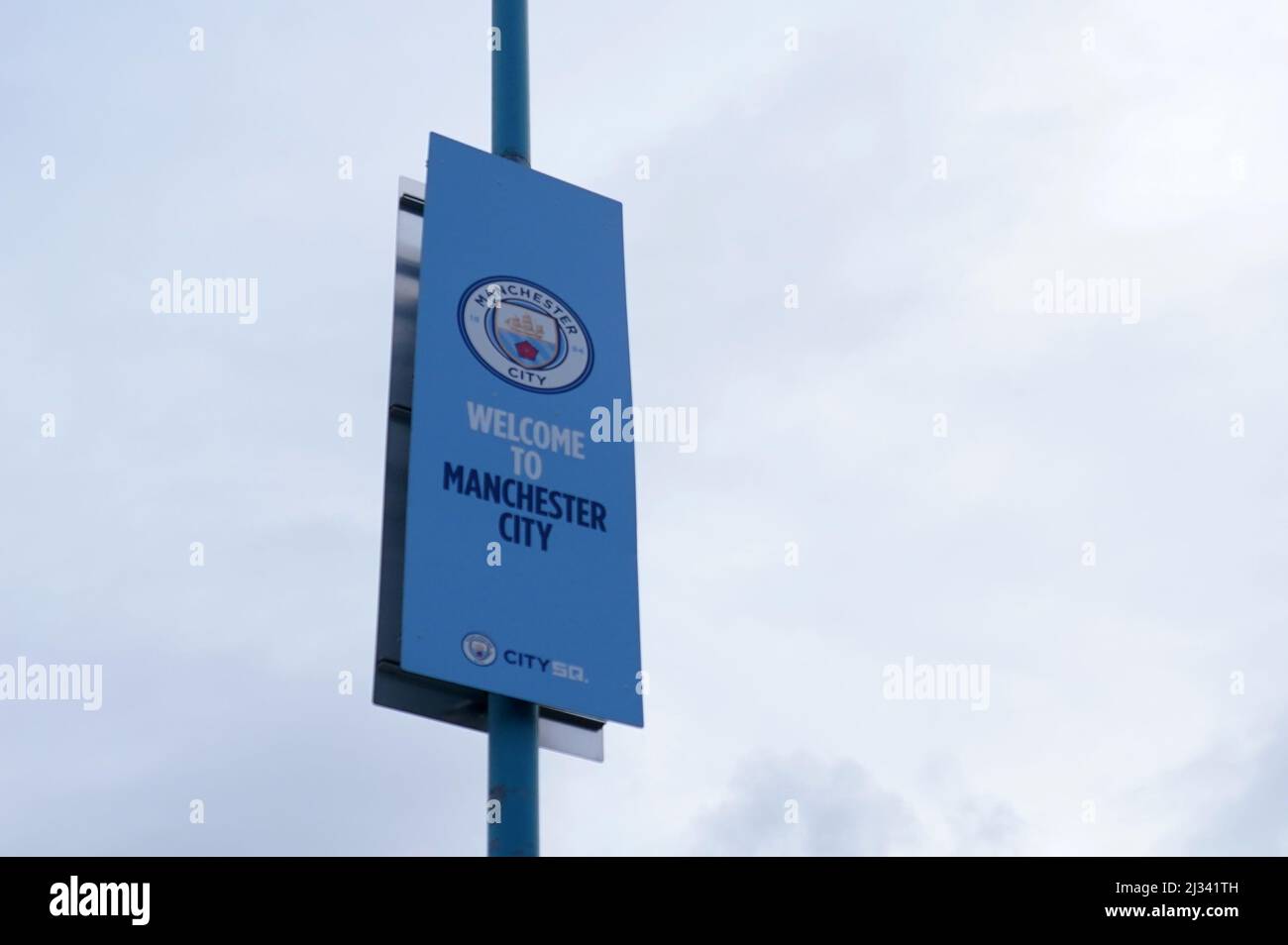 A general view of a Welcome to Manchester City sign during the UEFA ...