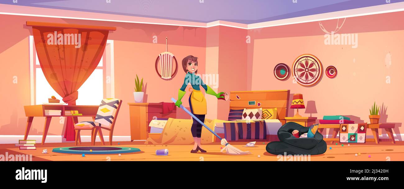 Woman clean bedroom in bohemian style. Mother, housewife or cleaning ...