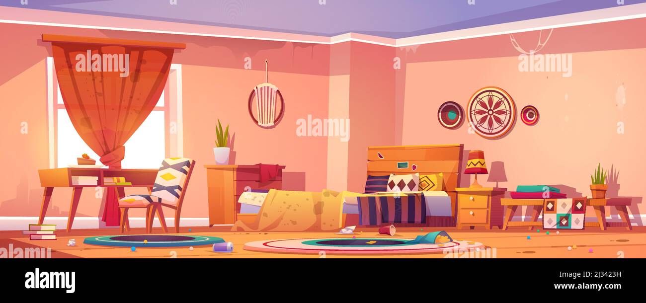 Messy bedroom in boho style with bed, desk, chair, trash on floor ...