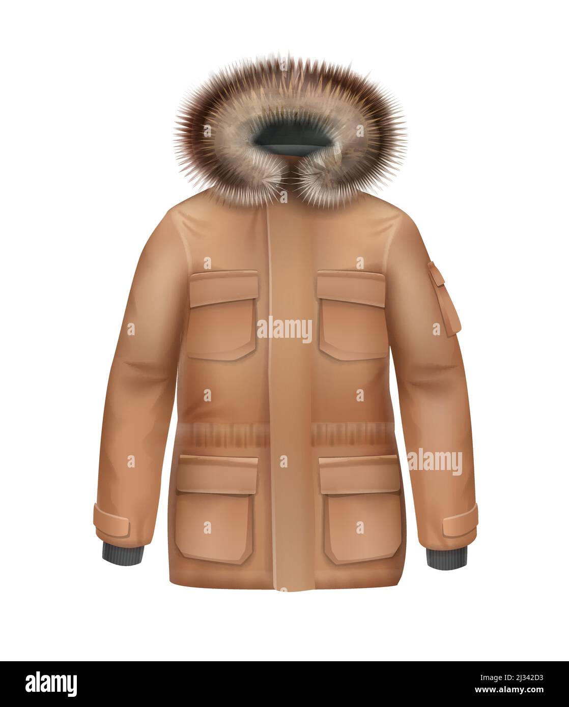 Vector brown sport winter coat with fur hood front view isolated on ...