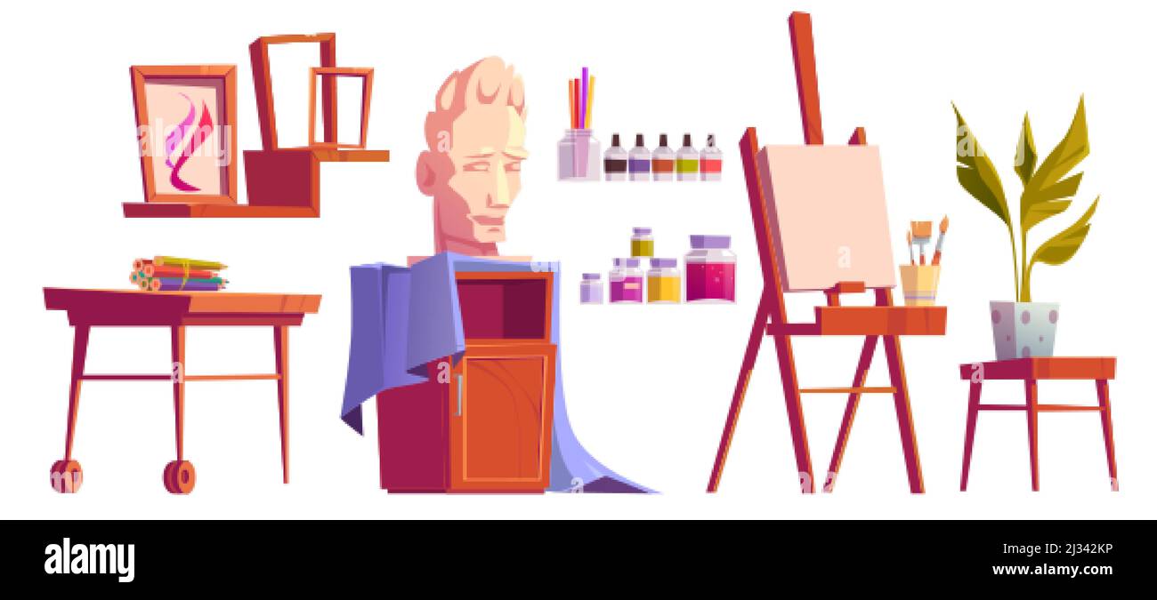 Artist studio art stuff canvas on easel, paint, brushes and colored ...