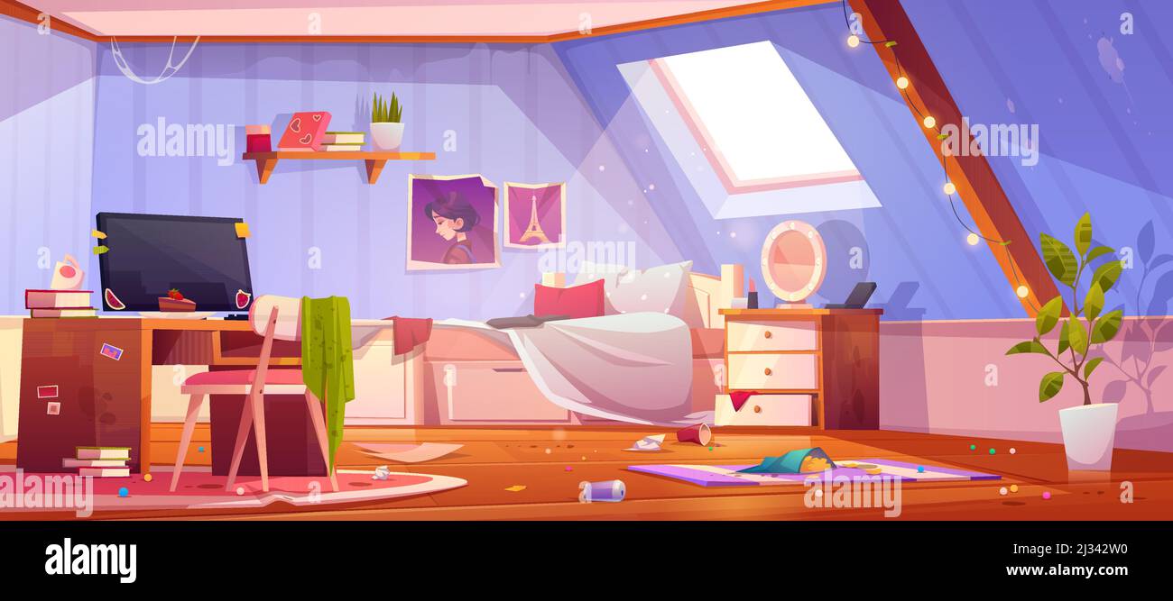Messy girl bedroom on attic. Vector cartoon interior of mansard with ...