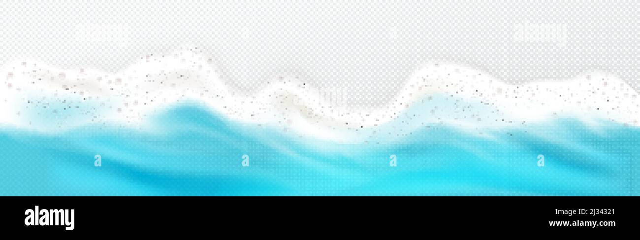 Top view of sea wave foam splashing down border. Blue ocean foamy water ...