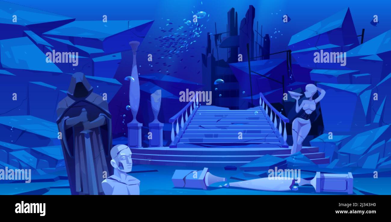 Ancient ruins, old architecture sunken under water in sea or ocean ...