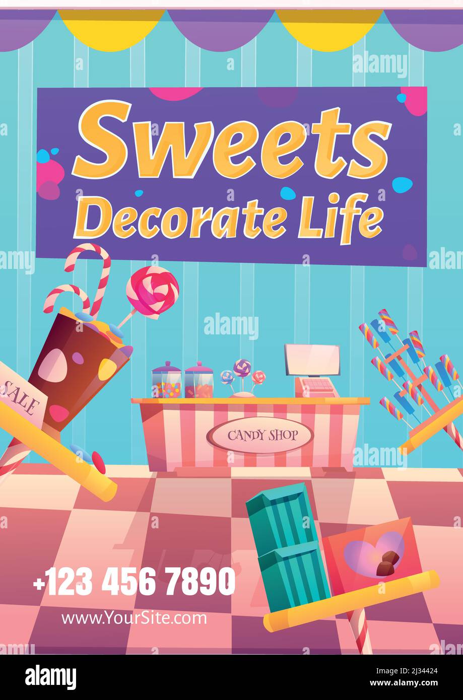 Candy shop flyer. Sweets decorate life concept. Vector poster with ...