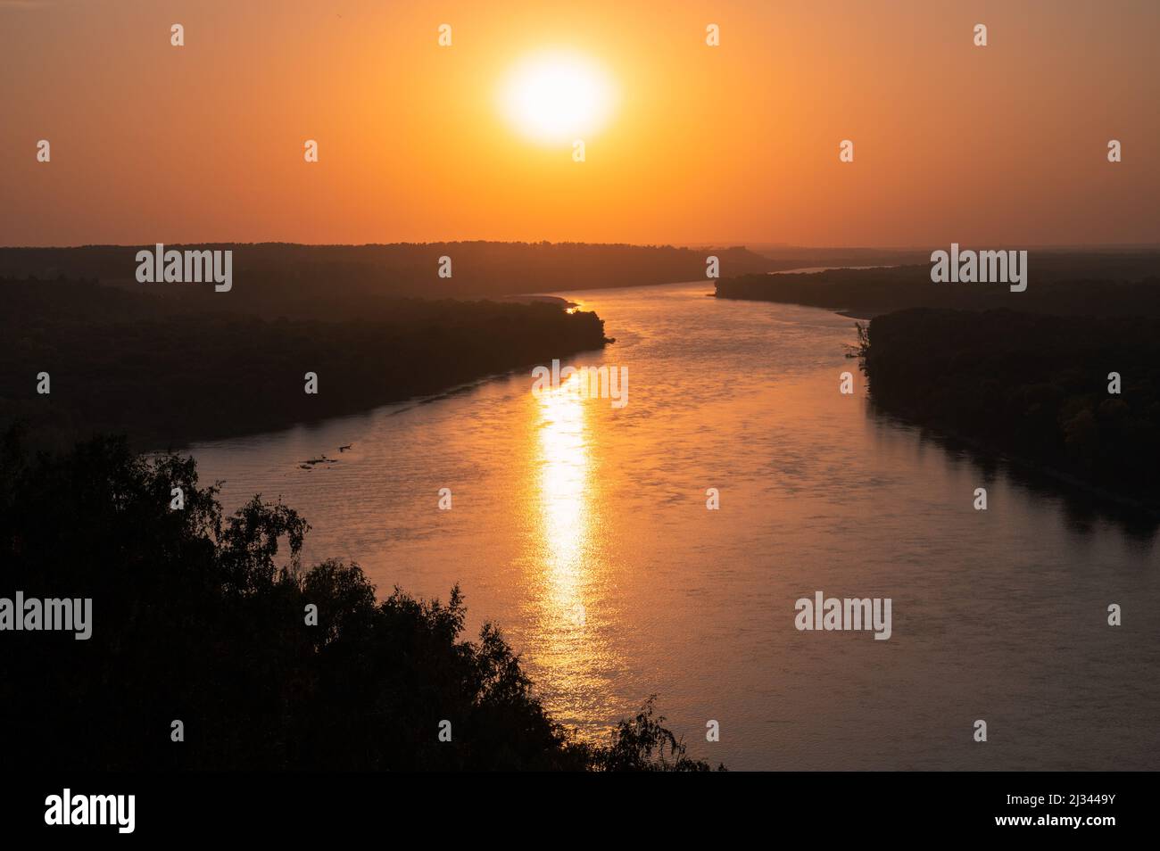 View of river landscape in sunny summer sunset. Top view of siberian Ob ...