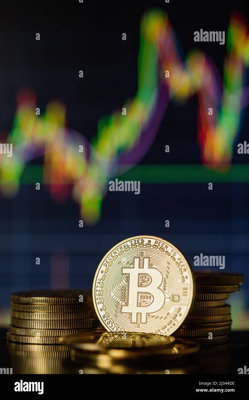Stack or heap of gold Bitcoins cryptocurrency with candle stick graph ...