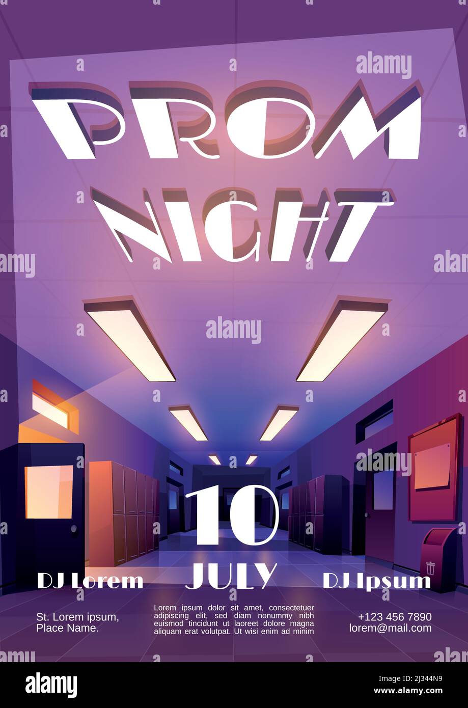 Prom night cartoon invitational poster to graduation party or disco ...