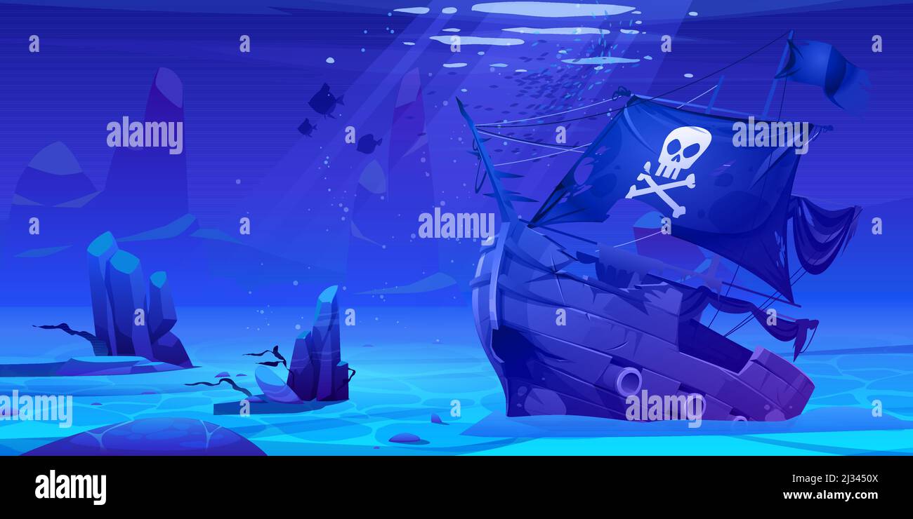 Wreck pirate ship, sunken filibuster vessel, wooden boat with jolly ...