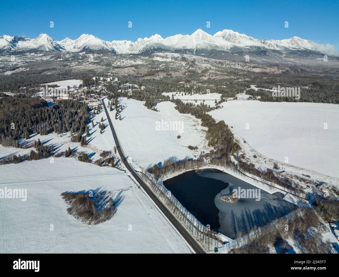 Aerial view of the pond in Strba and the High Tatras in Slovakia Stock ...