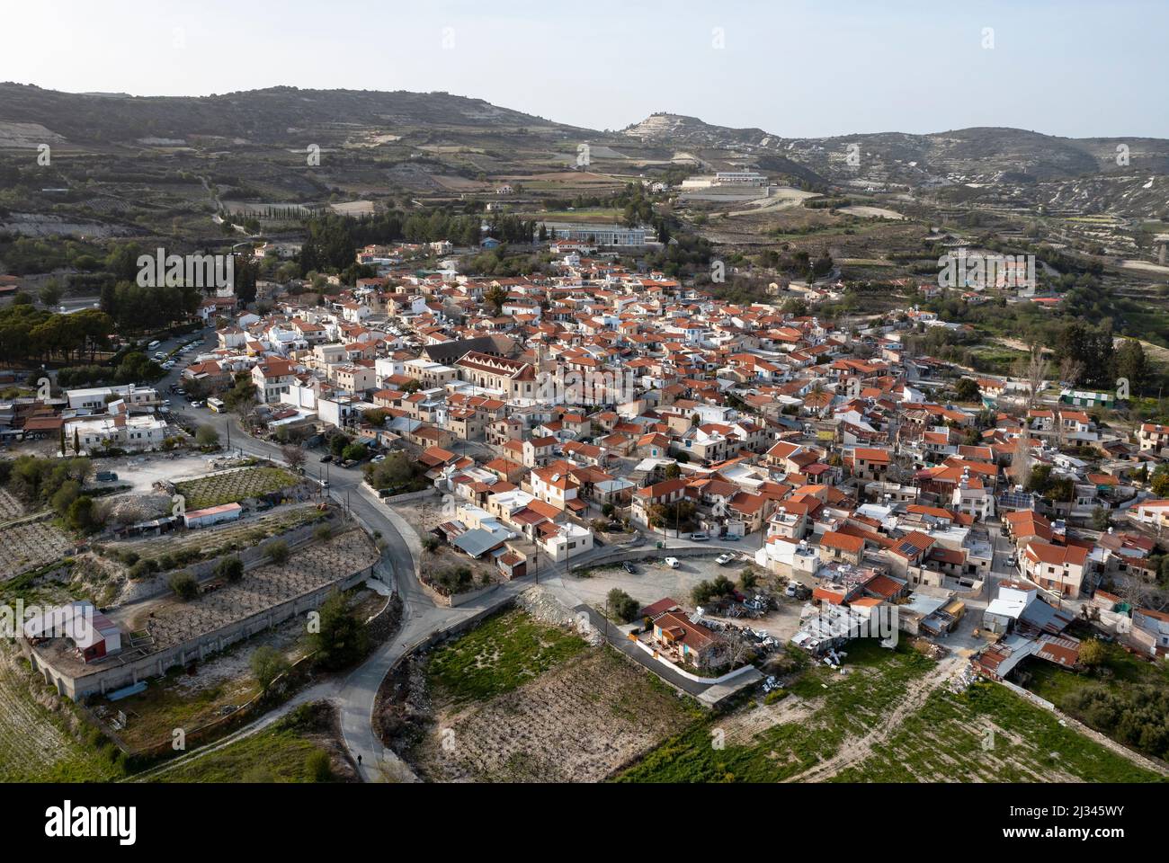 Aerial view of Omodos village in the Cyprus wine region of the Troodos ...