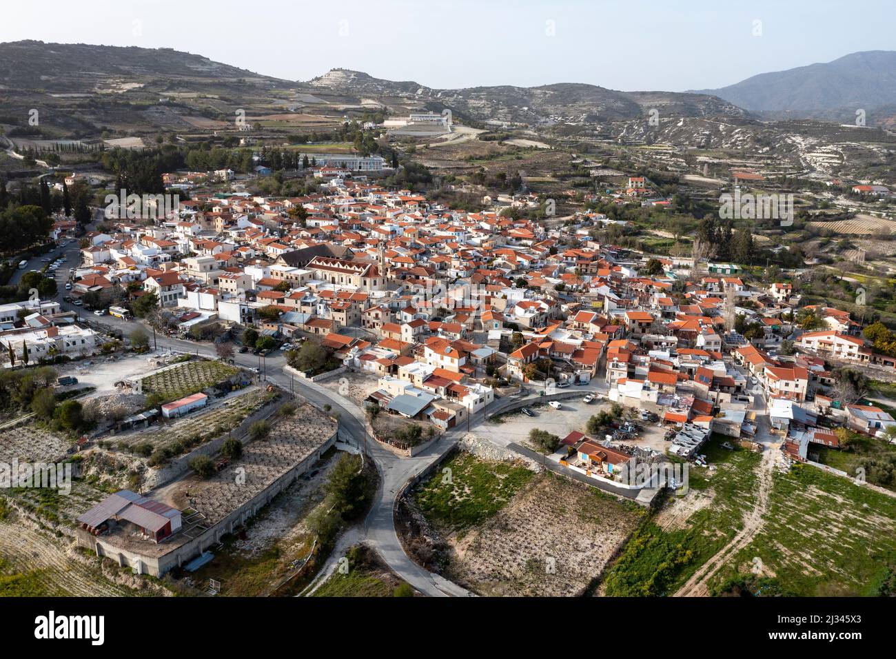 Aerial view of Omodos village in the Cyprus wine region of the Troodos ...