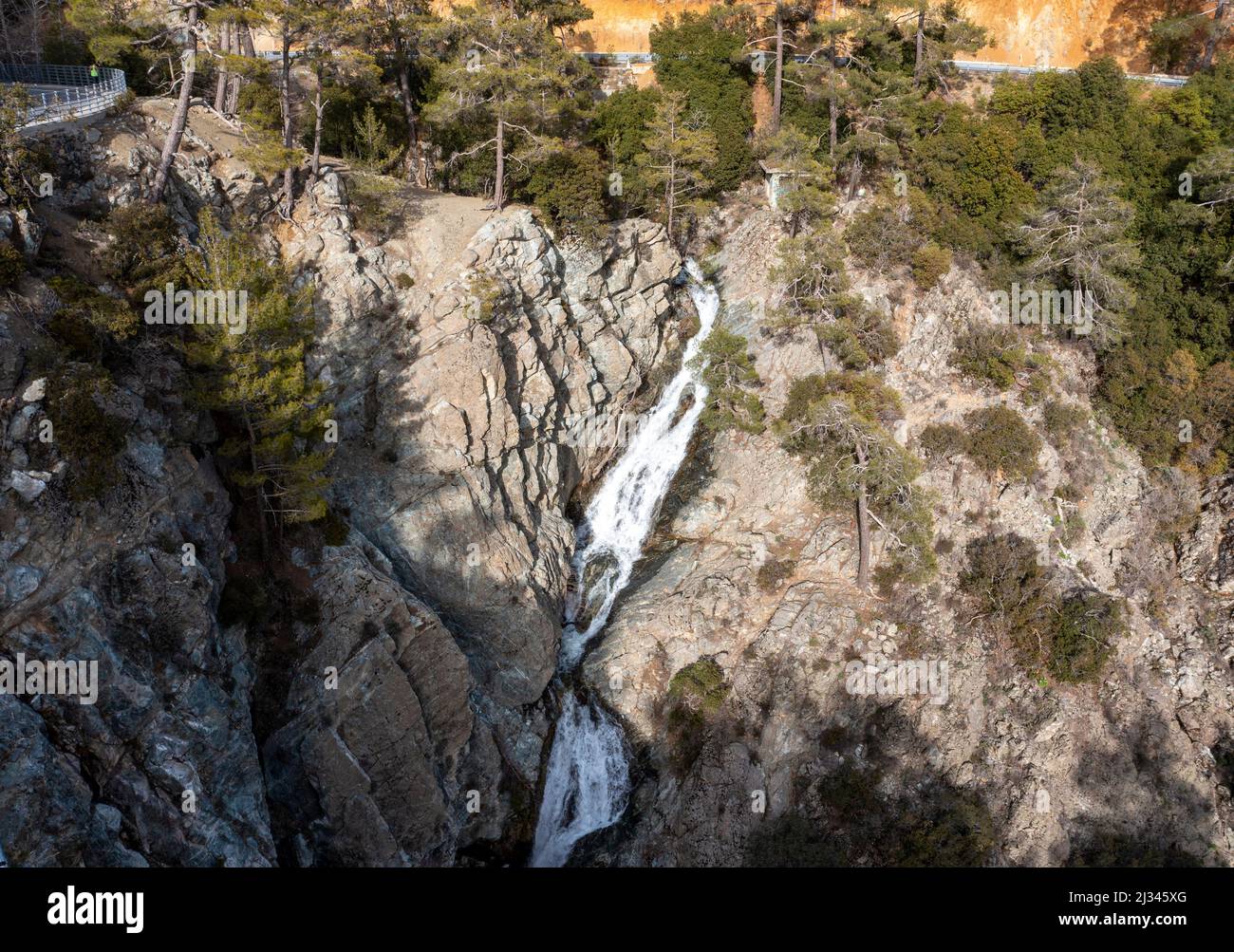 Aerial view of a waterfall near Pano Platres, Troodos mountains ...