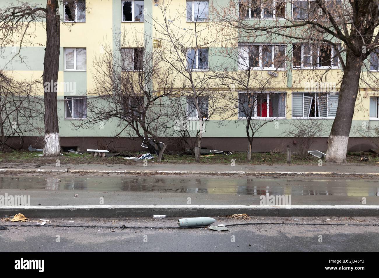BUCHA, UKRAINE - Apr. 03, 2022: Chaos and devastation on the streets of ...