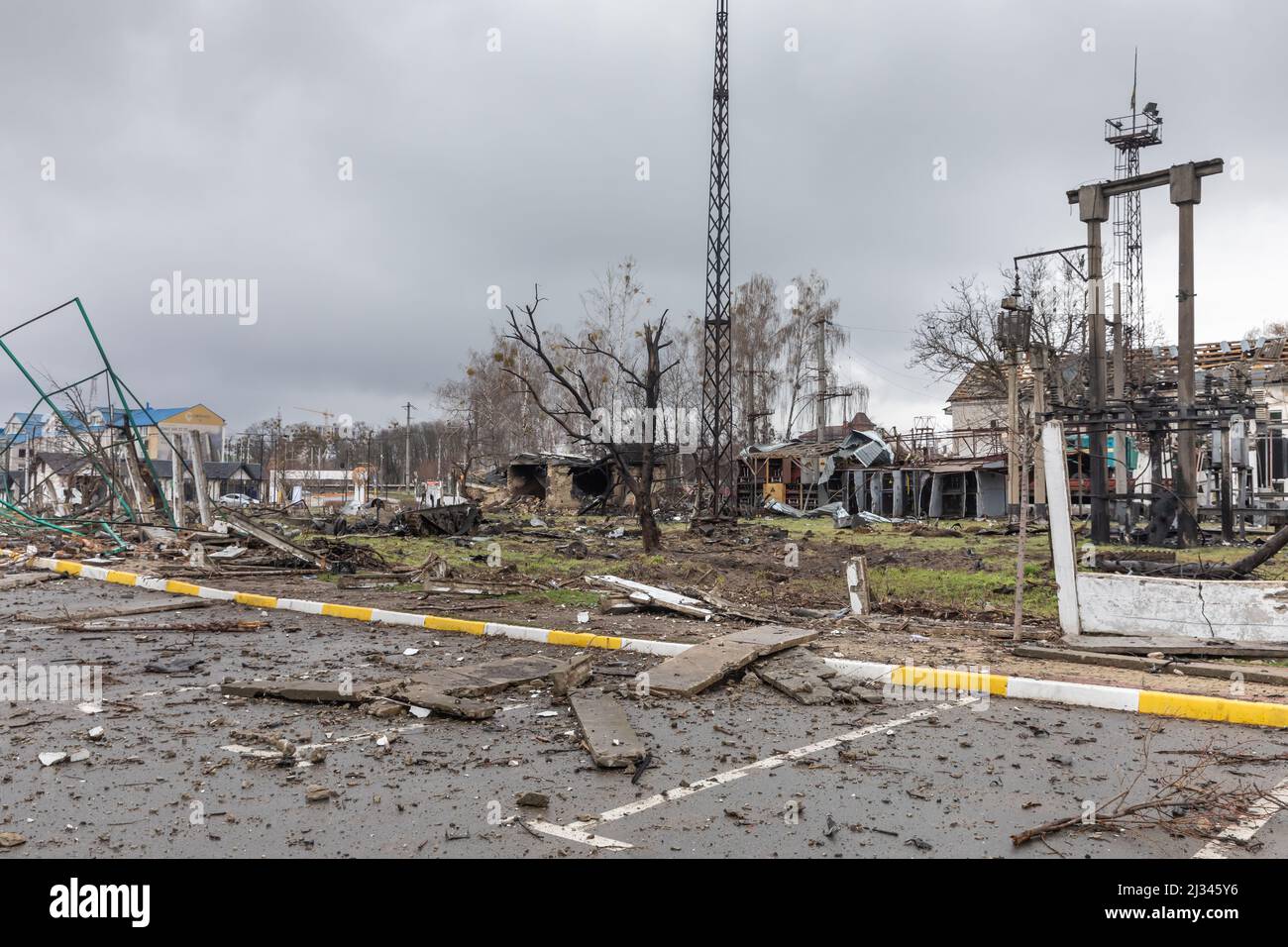 BUCHA, UKRAINE - Apr. 03, 2022: Chaos and devastation on the streets of ...