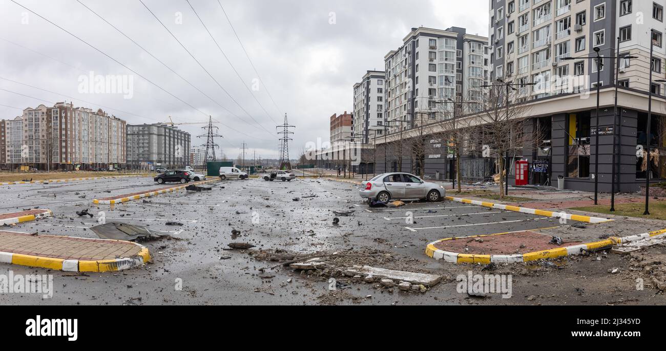 BUCHA, UKRAINE - Apr. 03, 2022: Chaos and devastation on the streets of ...