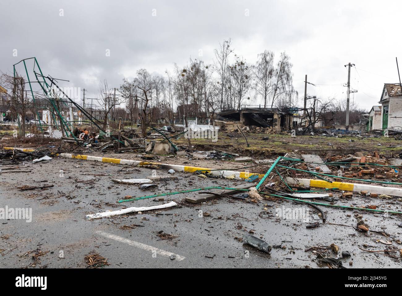 BUCHA, UKRAINE - Apr. 03, 2022: Chaos and devastation on the streets of ...