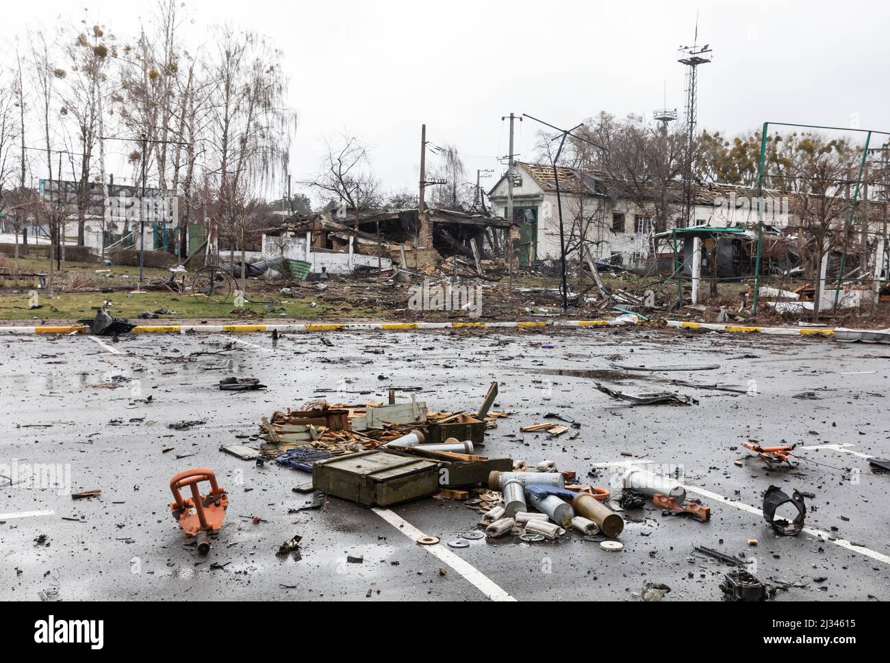 BUCHA, UKRAINE - Apr. 03, 2022: Chaos and devastation on the streets of ...