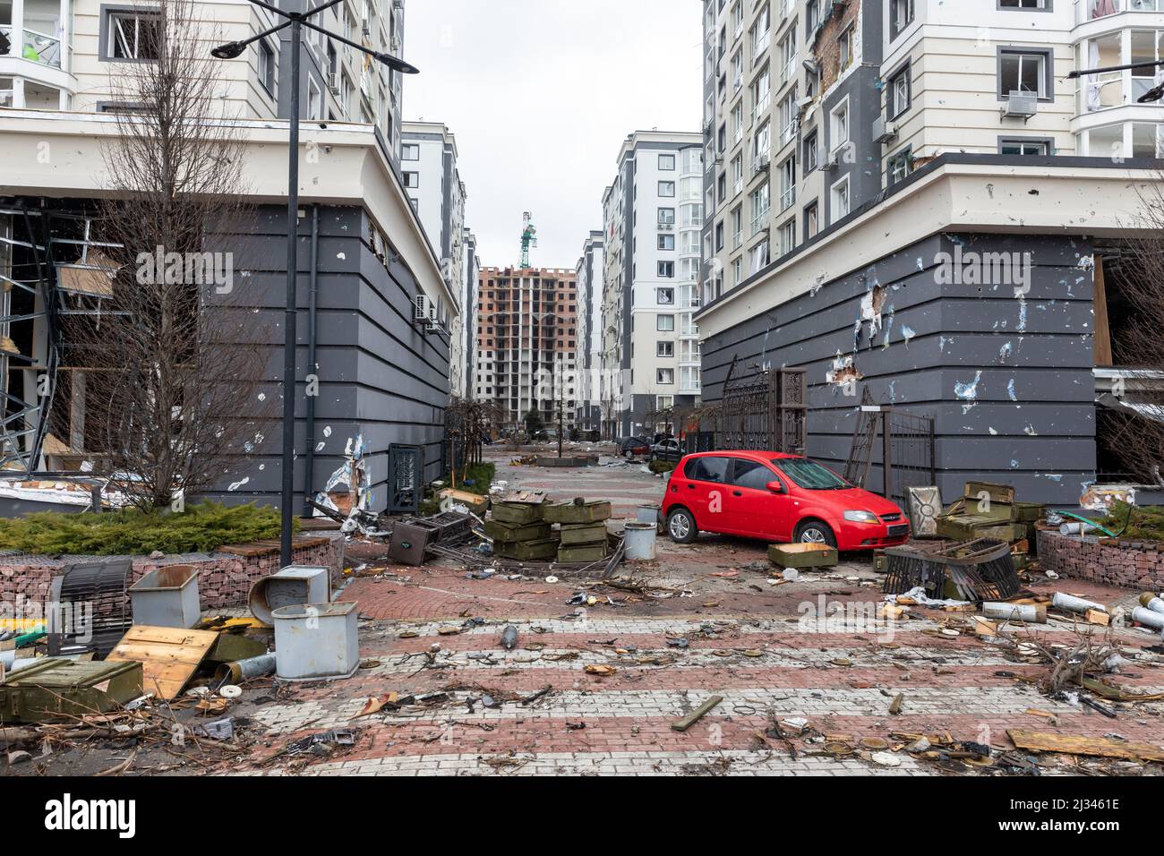 BUCHA, UKRAINE - Apr. 03, 2022: Chaos and devastation on the streets of ...