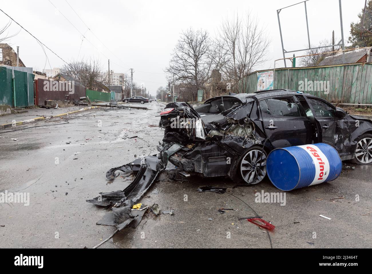 BUCHA, UKRAINE - Apr. 03, 2022: Chaos and devastation on the streets of ...