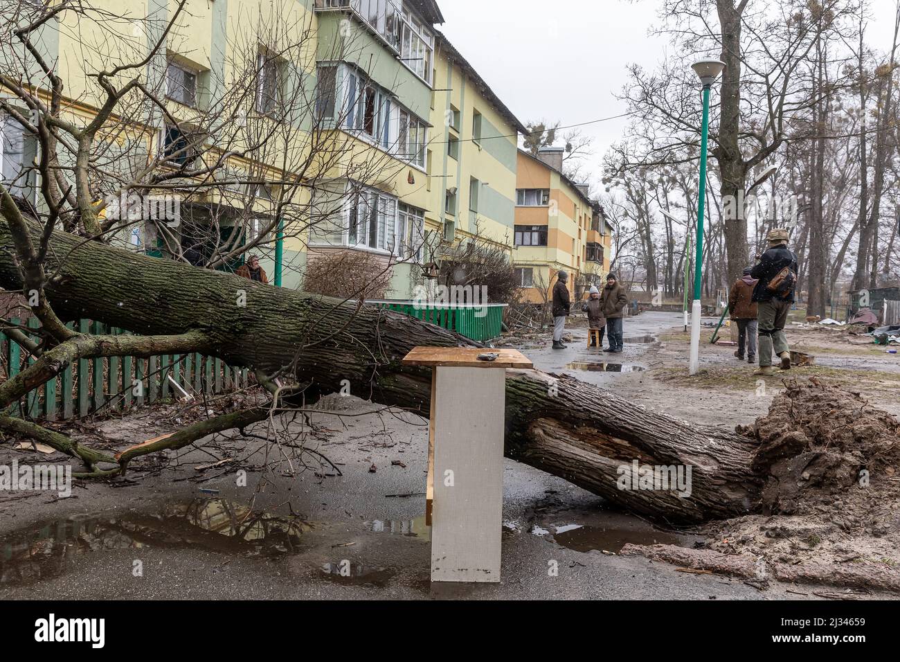 BUCHA, UKRAINE - Apr. 03, 2022: Chaos and devastation on the streets of ...