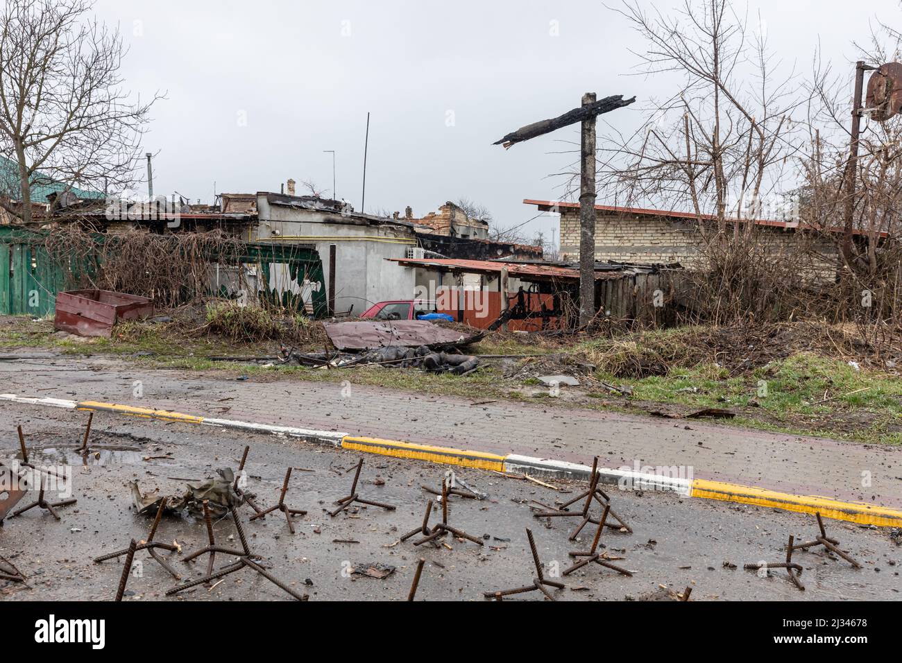 BUCHA, UKRAINE - Apr. 03, 2022: Chaos and devastation on the streets of ...