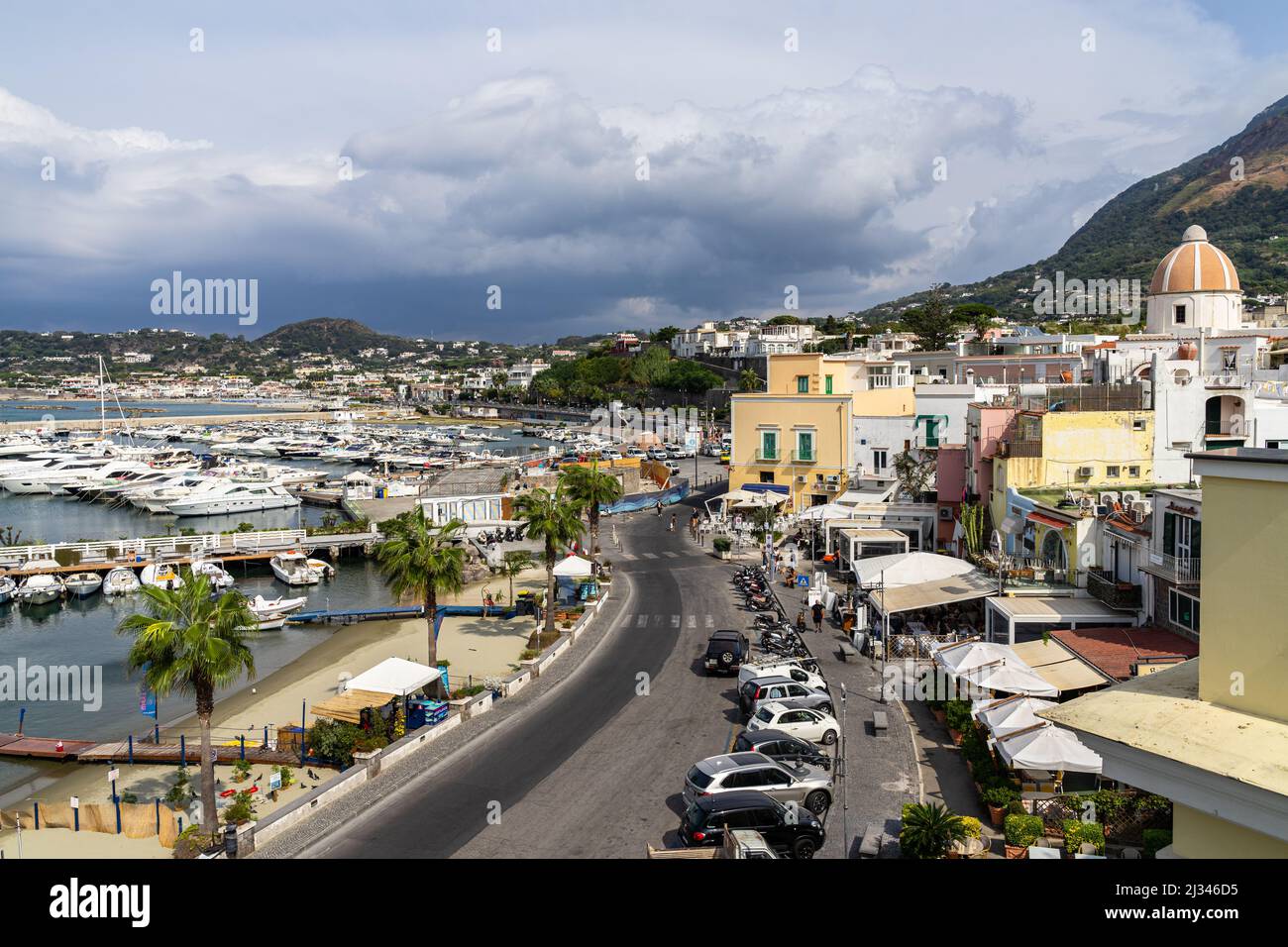 An aerial view of the Waterfront and marina of Forio - a colorful ...