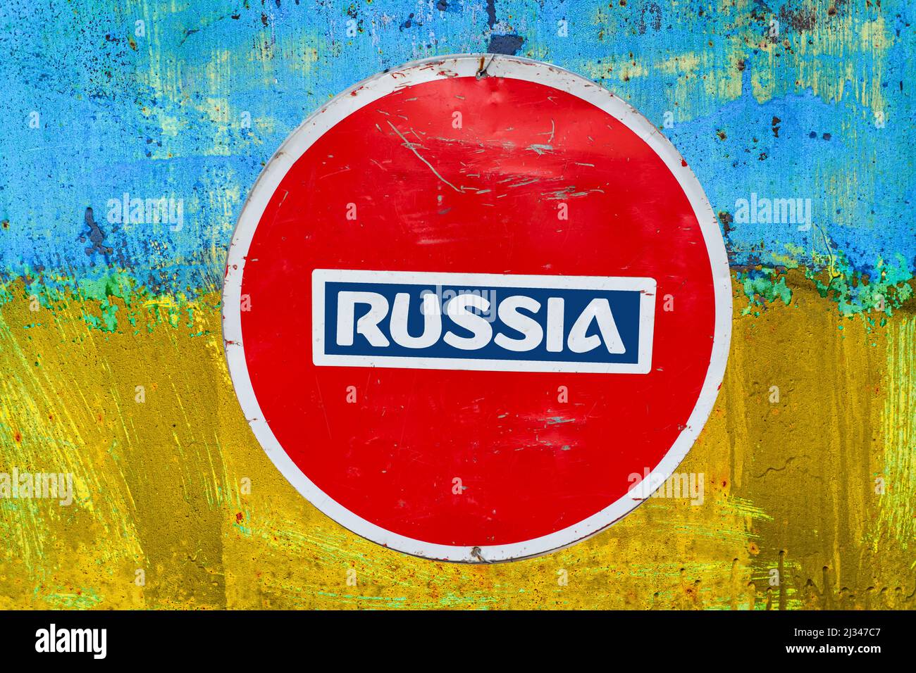 the entry is prohibited sign on the background of the Ukrainian flag ...